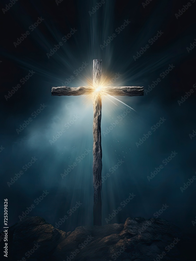 cross of jesus christ on sorrow darkness and bright light and rays ...