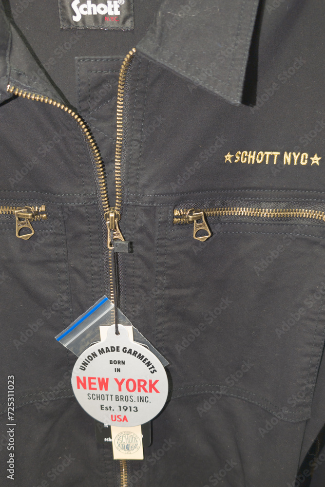 Schott clothes jacket logo sign and brand text on new model from nyc in ...