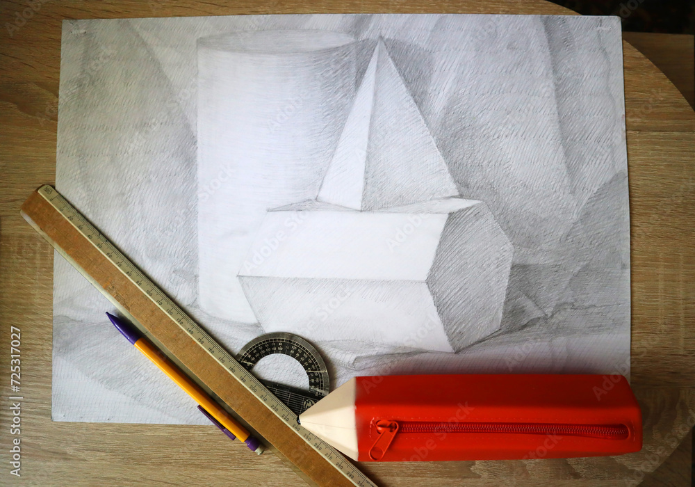 On the table are a ruler, a mechanical pencil, a protractor, a silicone ...