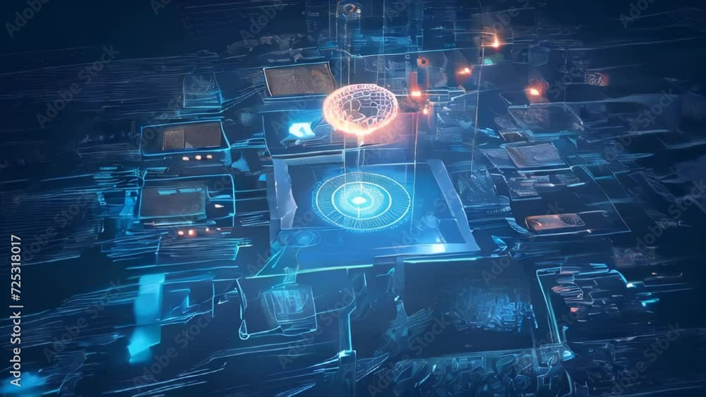 Multiple levels of blue digital interfaces with a glowing sphere at the ...