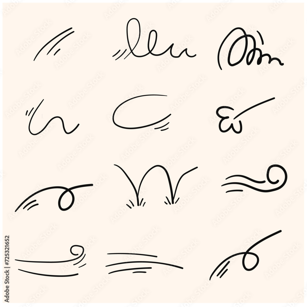 Wind doodle line shape set. Air wind flow, spiral, curve hand drawn ...