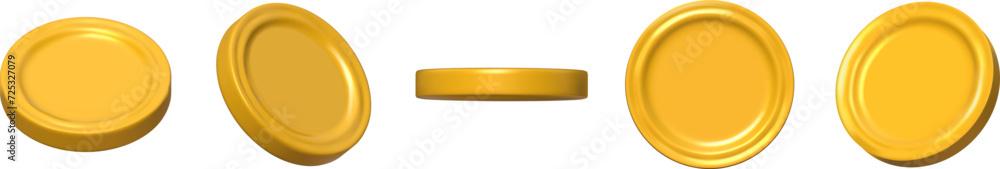 Gold Coin set 3d render. Game Money on white background. Rotating empty ...