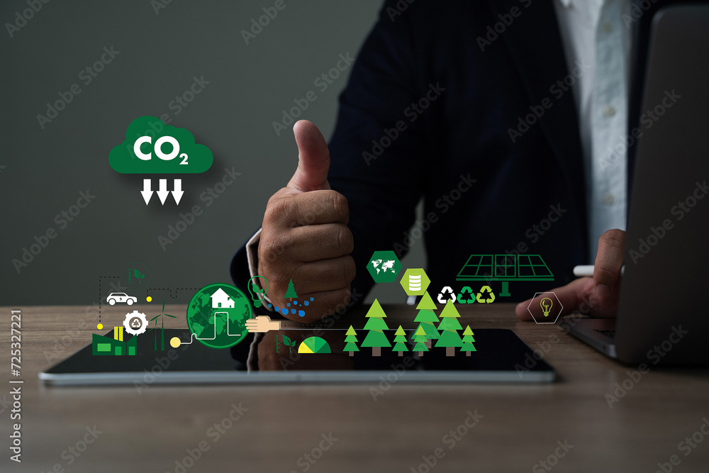 Reduce CO2 emissions and carbon Businessman working virtual modern ...