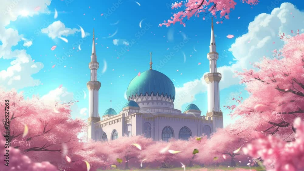 Beautiful mosque landscape with cherry blossoms on rainy scene. 2d ...