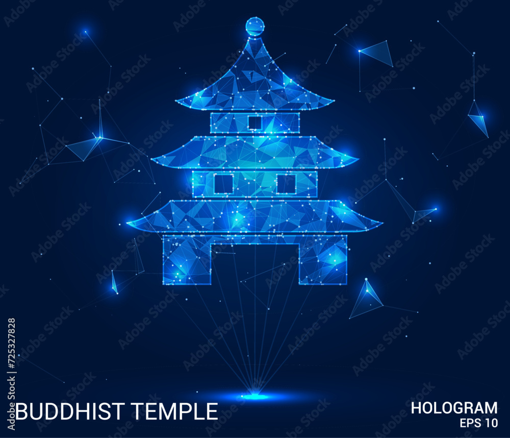 A hologram of a Buddhist temple. A Buddhist temple made of polygons ...