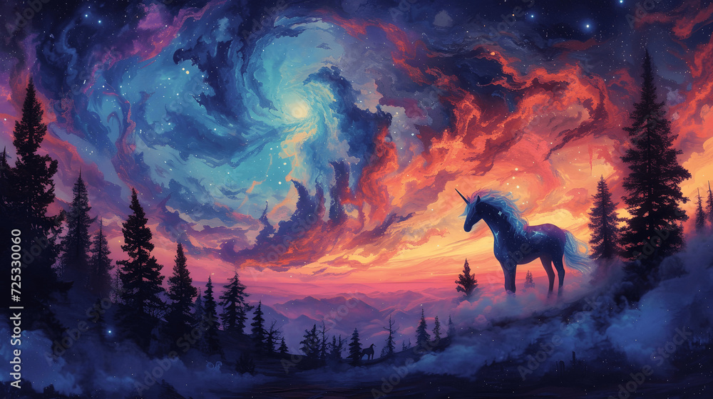 Multichromatic synthwave painting of aunicorn over amystical forest its ...