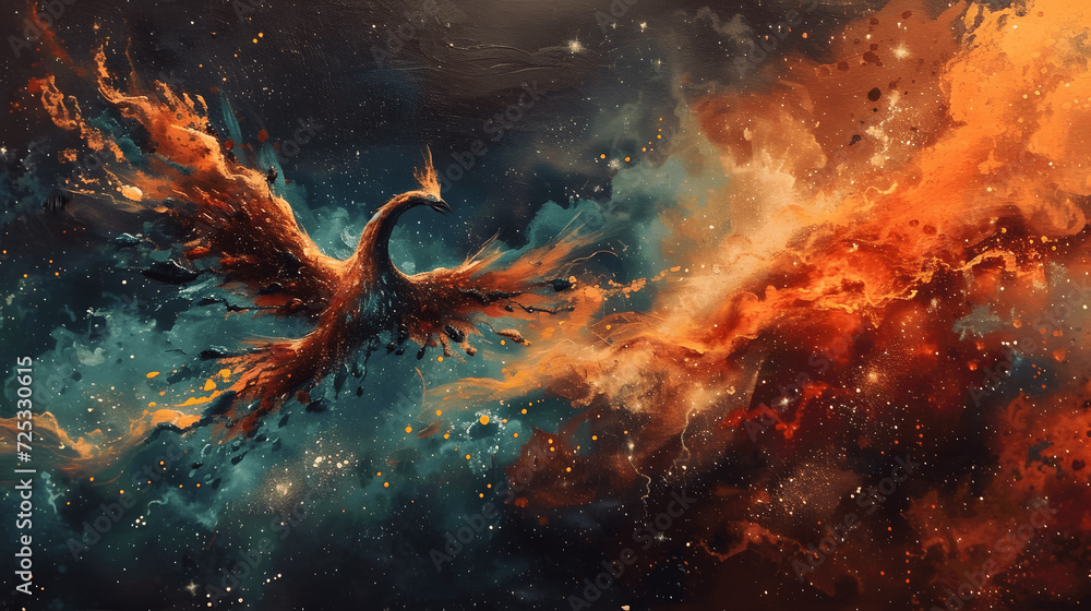 Multichromatic synthwave painting of aphoenix over avolcanic eruption ...