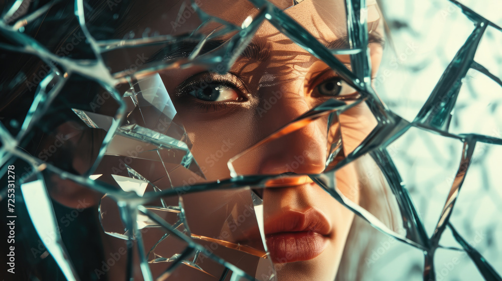 Woman gazes through shattered mirror, fragmented reflections unveil ...