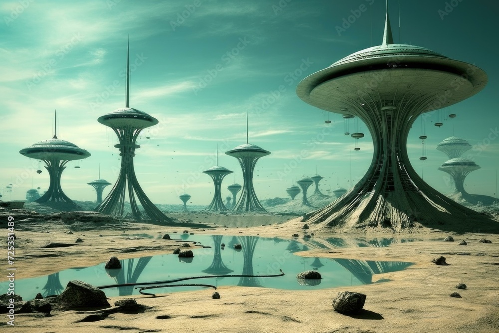 Futuristic city with floating alien spaceships. Generative AI. Stock ...