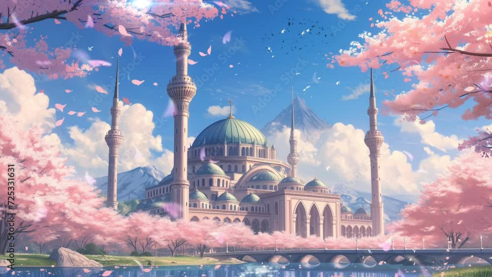 Beautiful mosque landscape with cherry blossoms on rainy scene. 2d ...