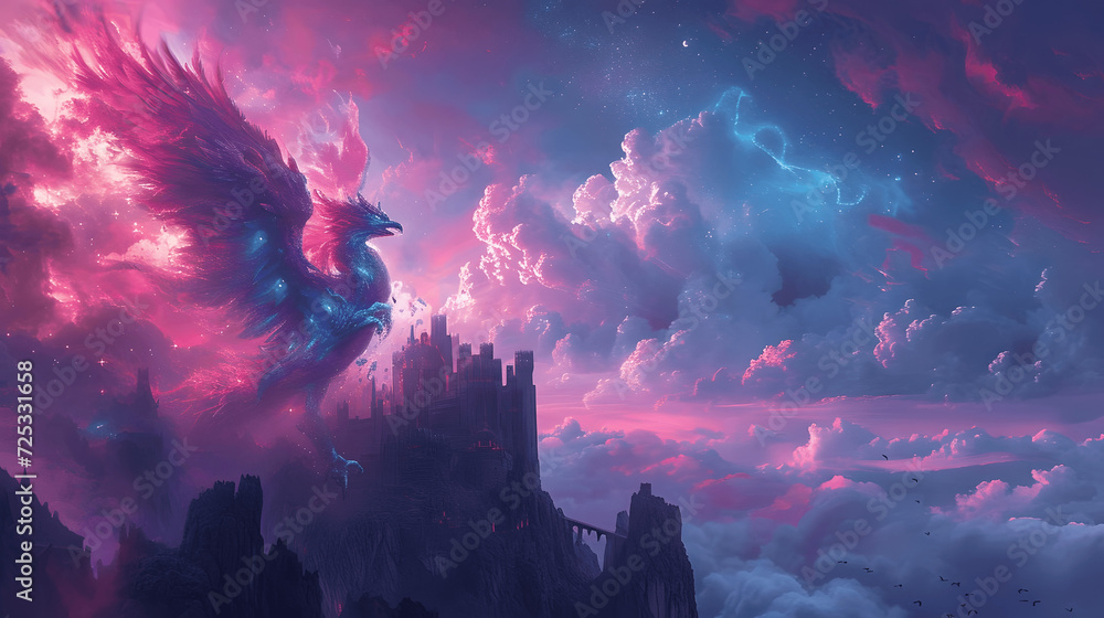 Multichromatic synthwave painting of agriffin over amedieval castle its ...