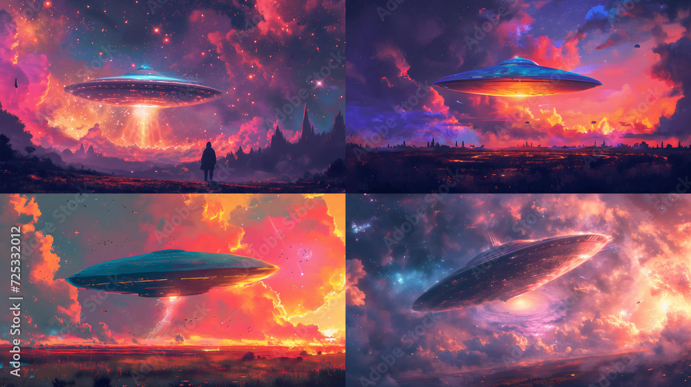 Multichromatic synthwave painting of aflying saucer over acrop circle ...
