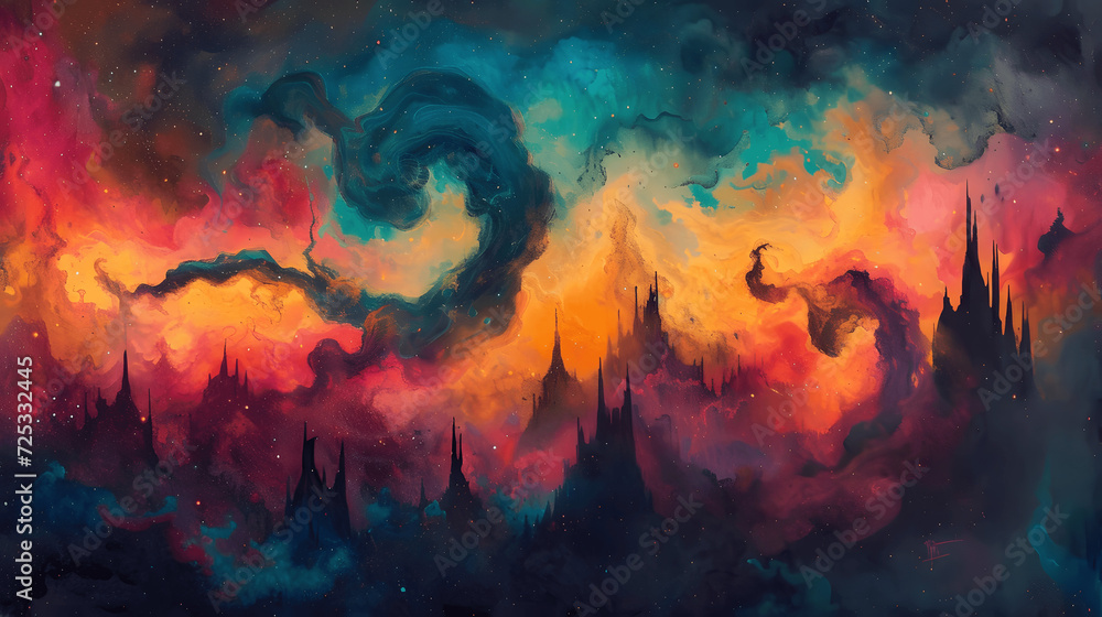 Multichromatic synthwave painting of ademonic serpent over aburning ...