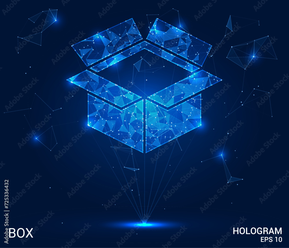 A hologram box. A box of polygons, triangles of points and lines. The ...