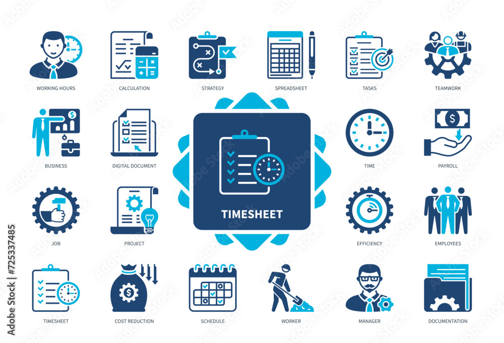 Timesheet icon set. Employees, Spreadsheet, Tasks, Working Hours ...