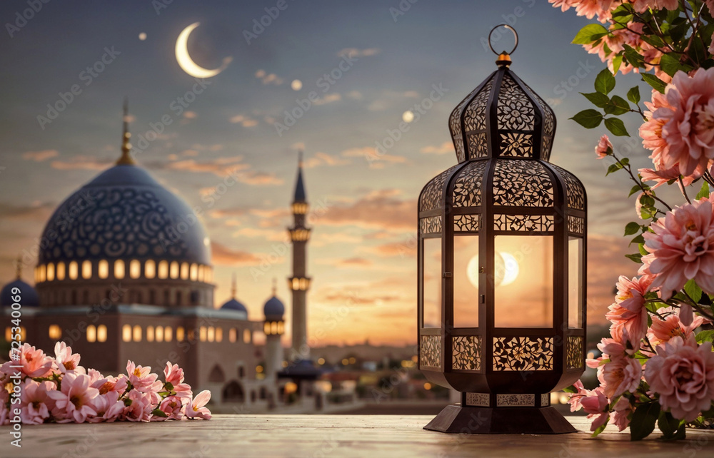 Islamic theme of ramzan kareem. Lantern, mosque backdrop, pink flowers ...