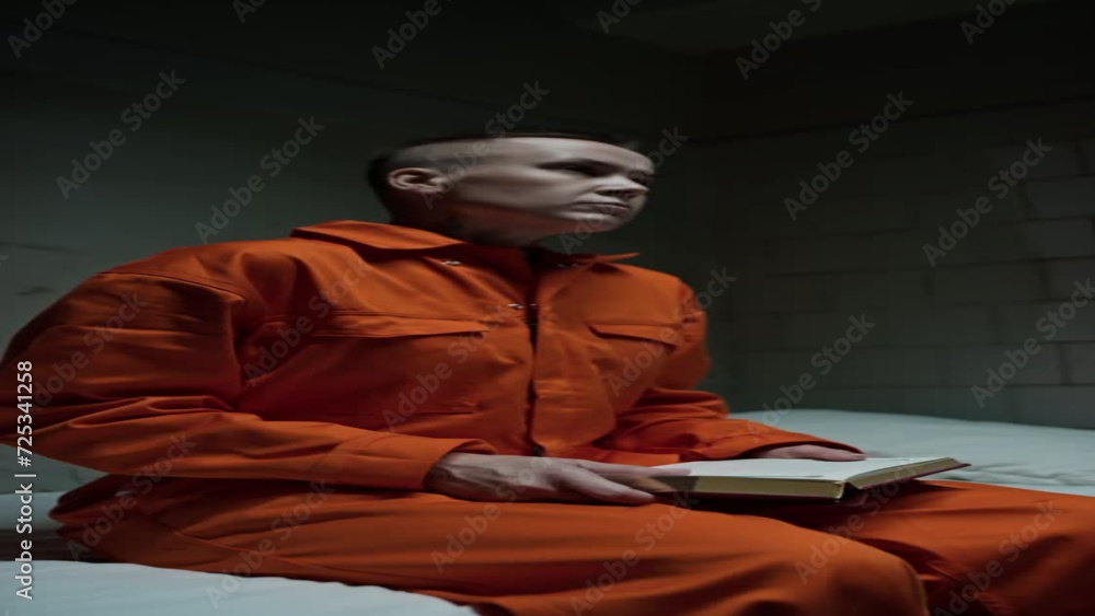 Vertical shot of female inmate sitting on bed in prison cell, reading ...