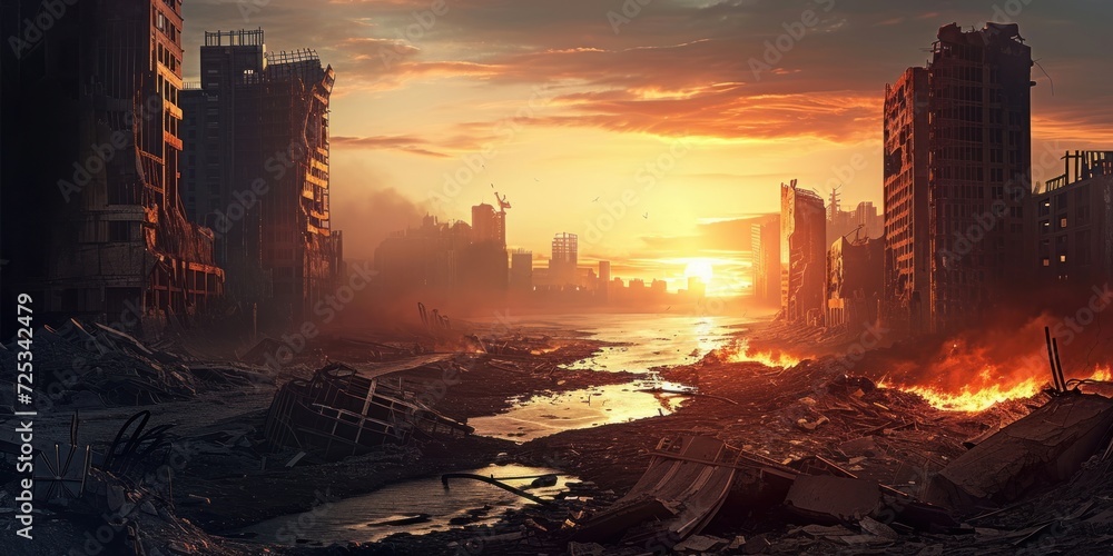 Post-apocalyptic abandoned city. Destroyed buildings, burning rubble ...