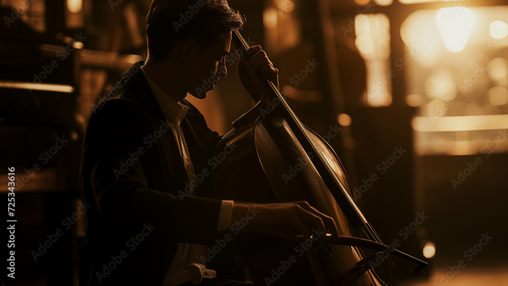 Resonating Strings: A Cinematic Side View of The Cello Player Stock ...