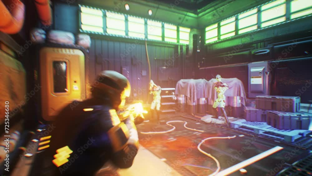 Soldier killing multiple alien monsters on the map of a modern computer ...