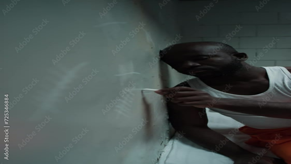 Vertical shot of sad Black inmate sitting on bed in prison cell and ...