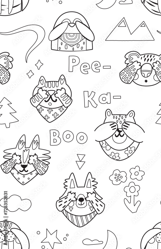 Black and white cartoon portraits of animals playing hide and seek in ...