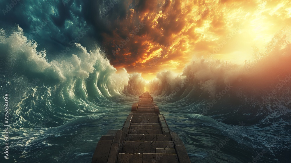 Ocean opening in biblical event of Moses. Opening of the Red Sea. 3D ...