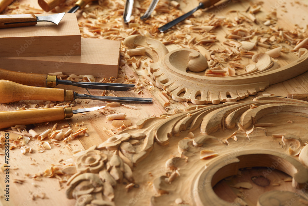 Timber, wood processing. Joinery work. Wood carving with work tools ...