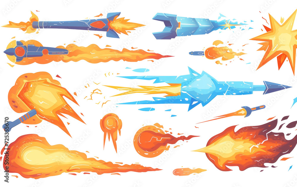 Blaster shot effects with fire, energy and plasma beams cartoon set of ...