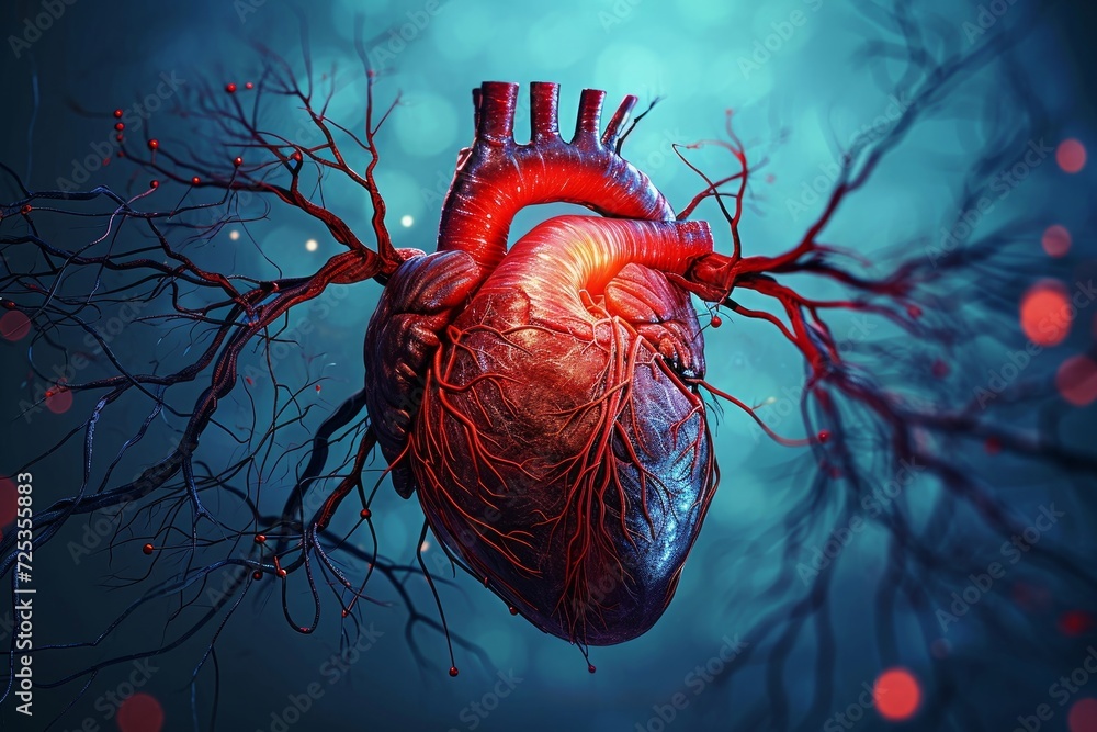 Stylized human human heart with veins, arteries and blood vessels on ...