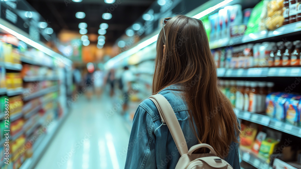 woman casually dressed browsing through a supermarket aisle, everyday ...