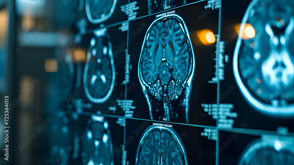 MRI scan image on a digital screen, showing a detailed view of a brain ...