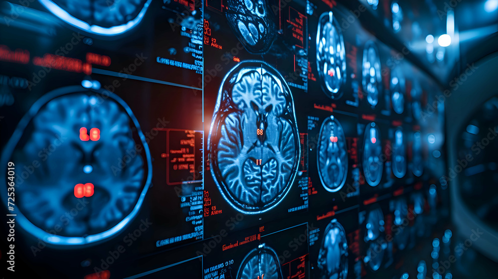 MRI scan image on a digital screen, showing a detailed view of a brain ...