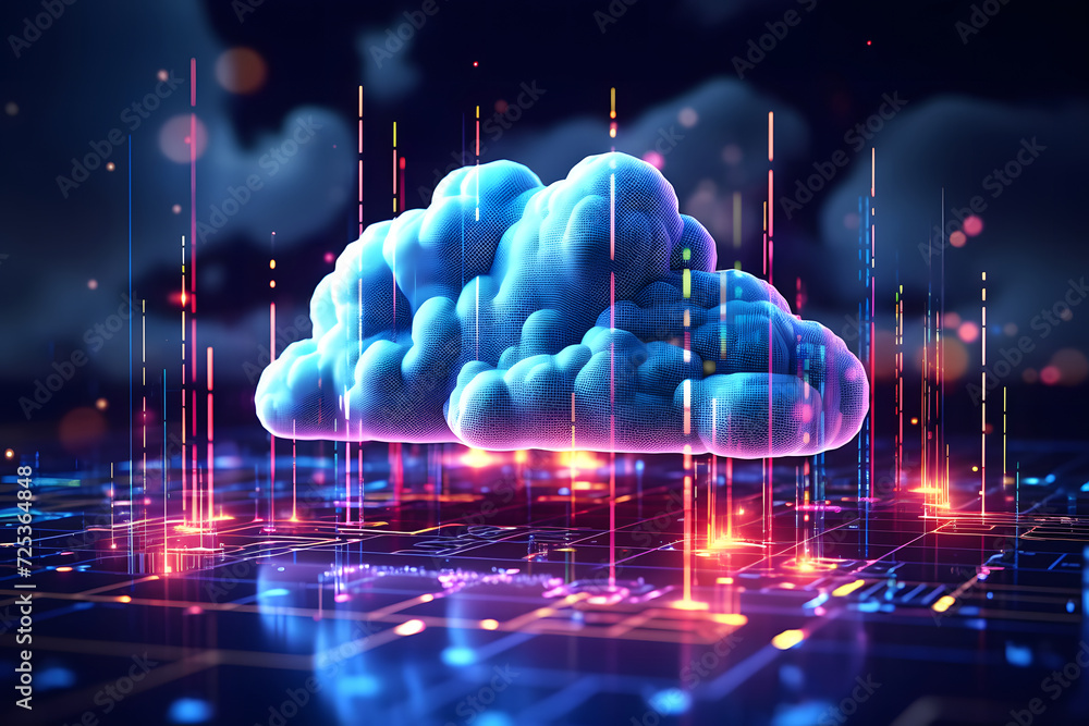 Digital data processing in the virtual cloud abstract background. Glowing digital cloud with ...