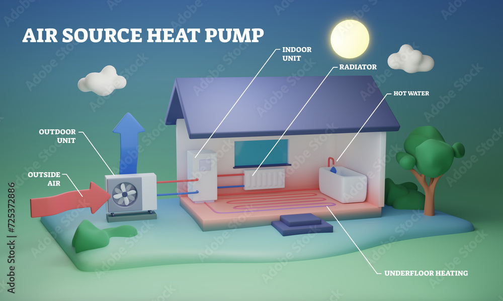 Air source heat pump with labeled electric heating system 3D ...