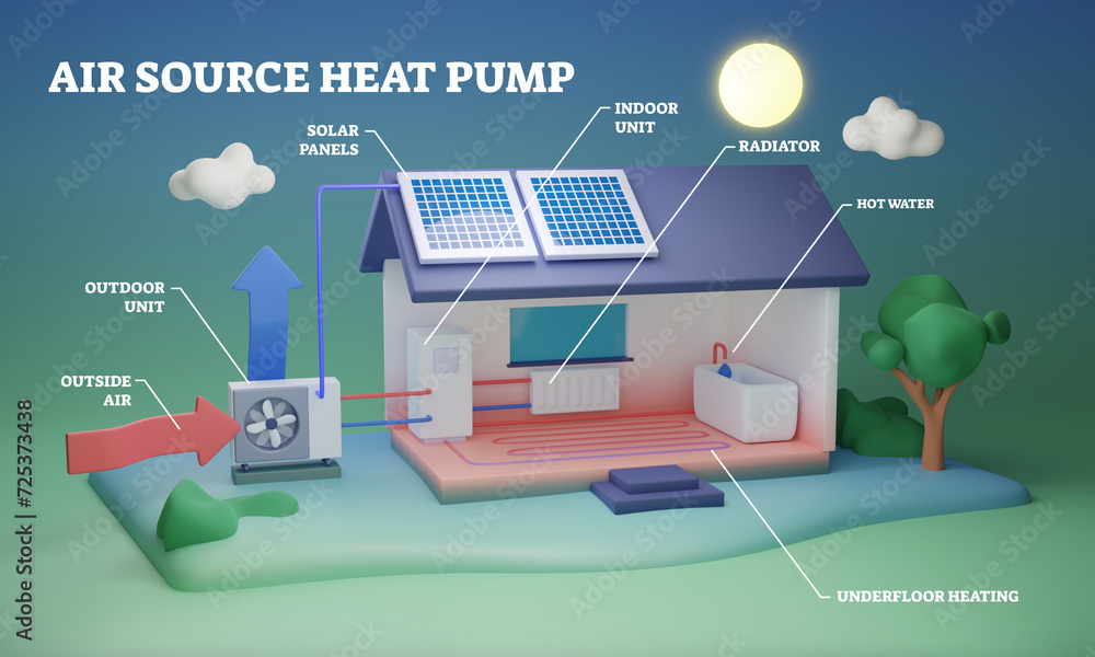 Air source heat pump setup with labeled technical parts 3D illustration ...