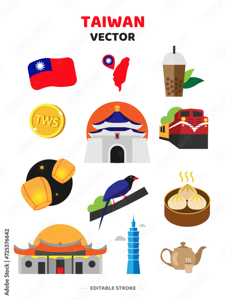Travel Taiwan flat icons set. Taiwanese element icon map and landmarks ...