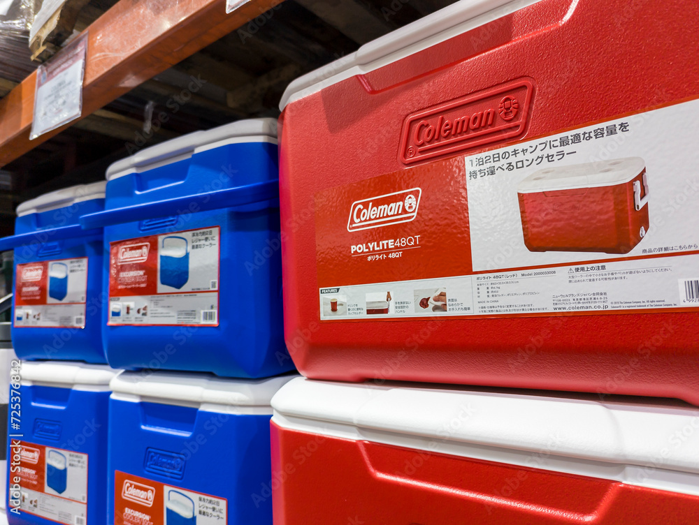 Rows of Coleman-brand red and blue coolers on display at a hypermart ...
