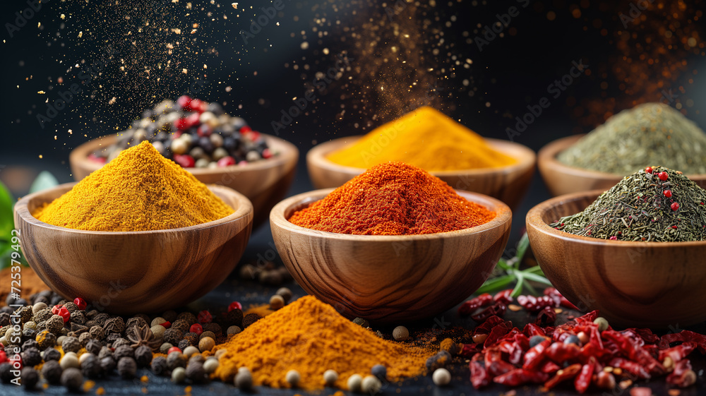 Colorful spices and peppers in wooden bowls flying on a black ...