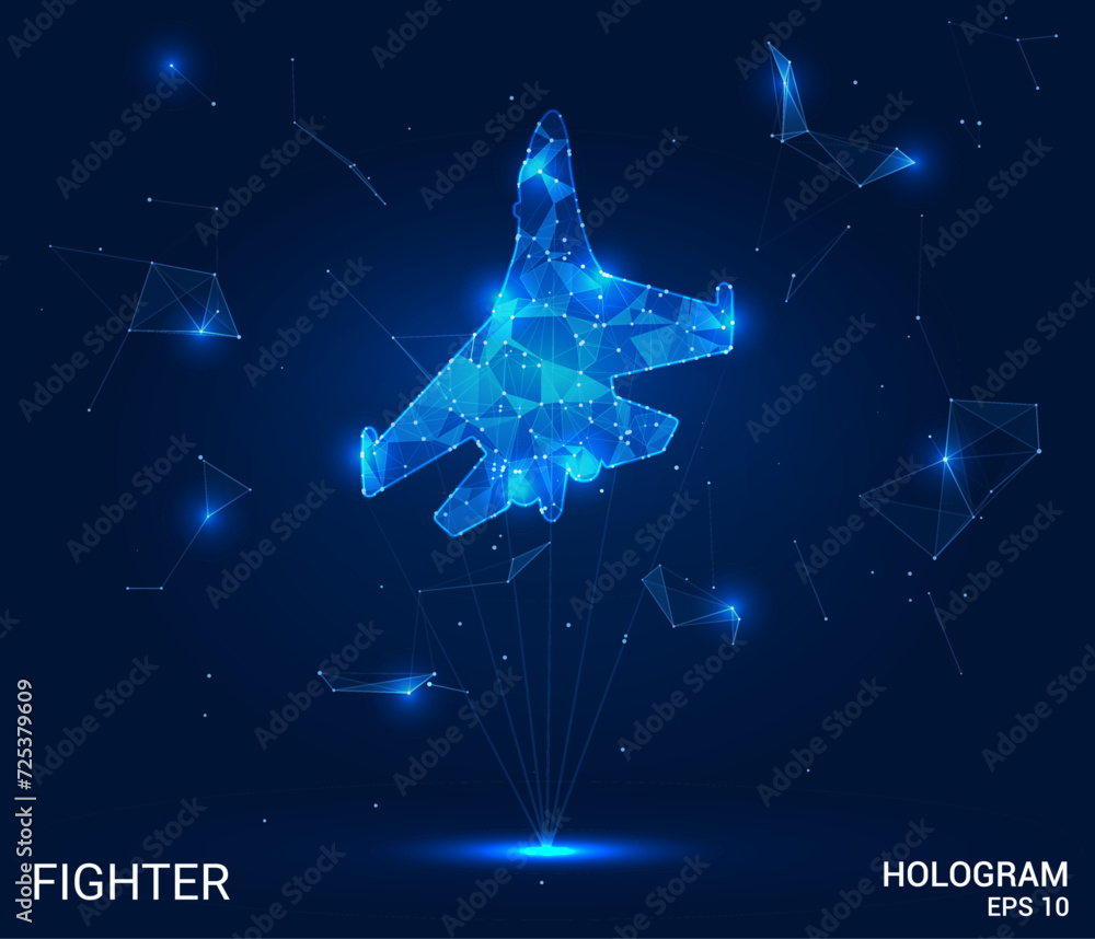A hologram fighter. A military aircraft made of polygons, triangles of ...