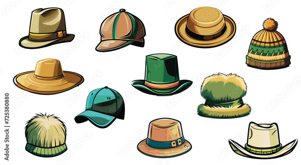 Cartoon hats. Female and male headwear, derby and cowboy, straw hat ...