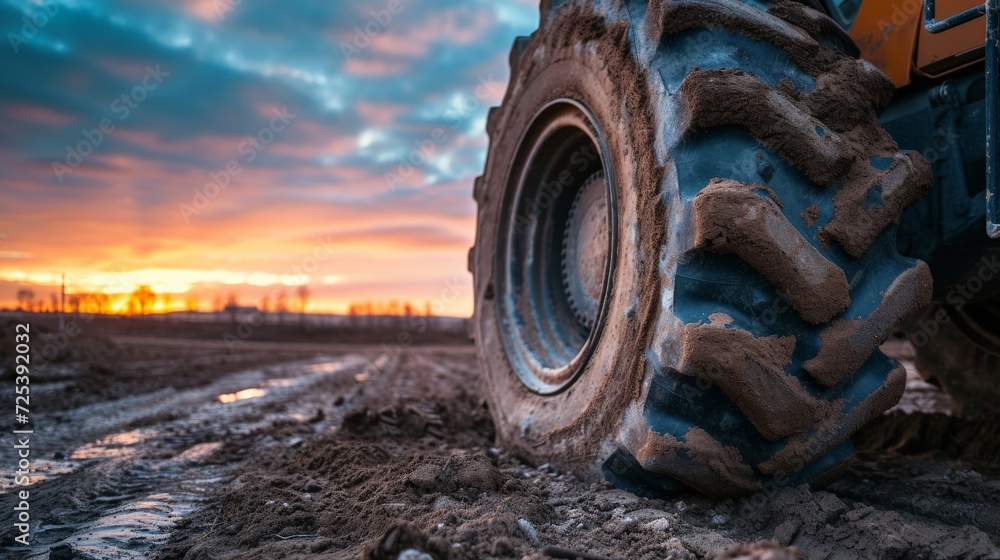Big rubber wheels of soil grade tractor car earthmoving at road ...