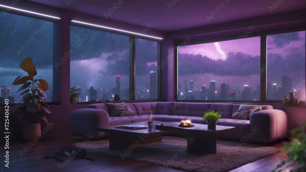 modern living room with sofa, thunderstorm, rain outside. Loop ...