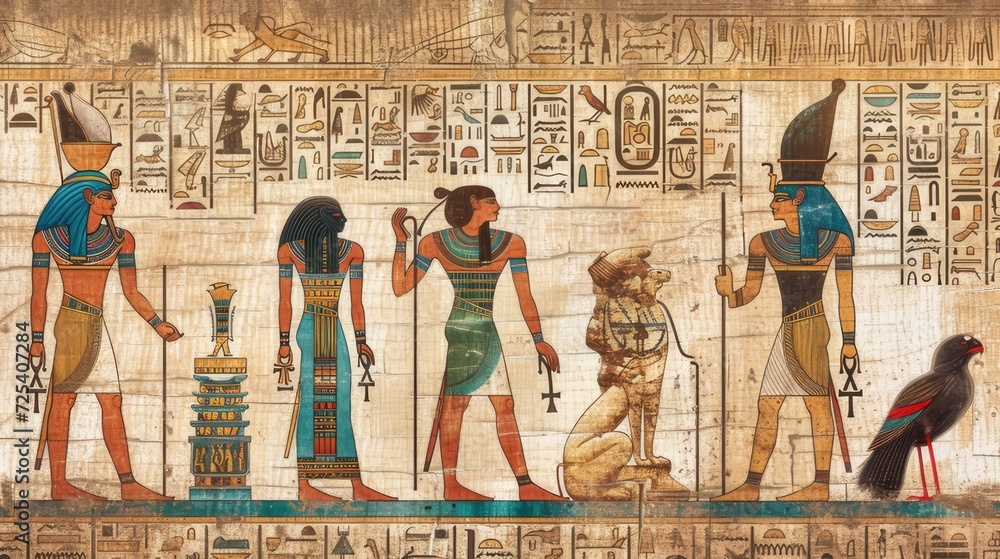 Ancient egypt scene. Hieroglyphic carvings on the exterior walls of an ...