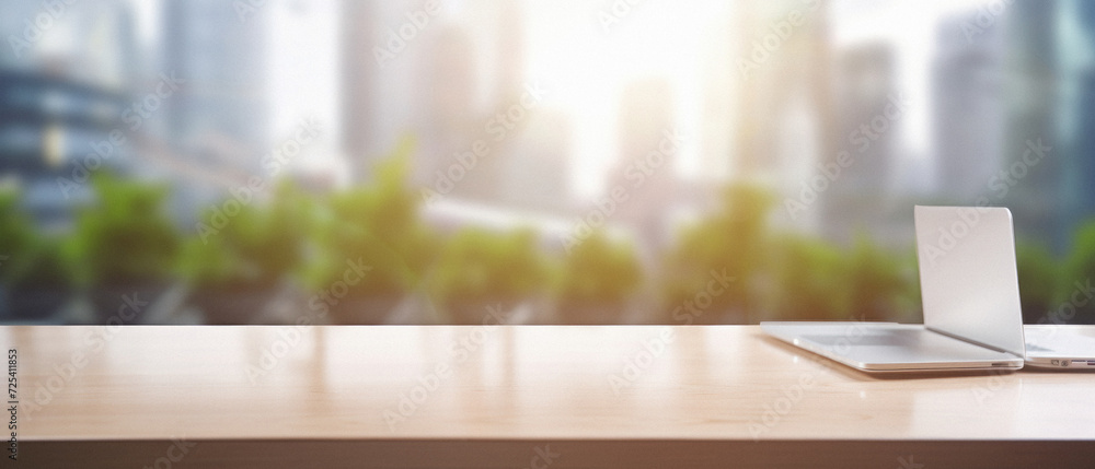 Wooden table corporate office bokeh background, empty wood desk surface ...