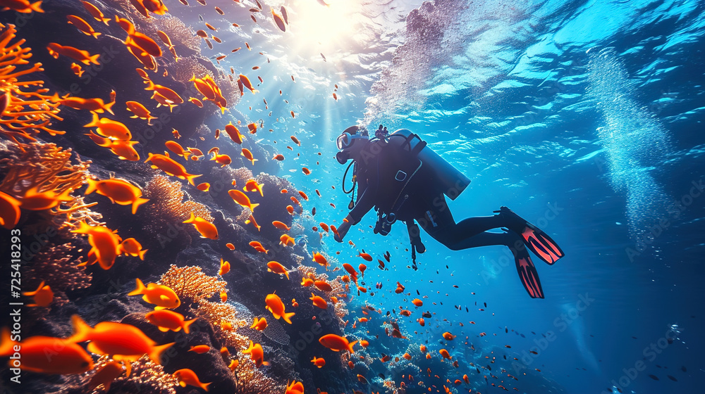 Professional Scuba Diver Exploring Adventure the Blue Ocean, Observing ...