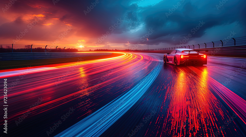 A car speeds on a wet track, under a vibrant sunset. The glossy surface ...