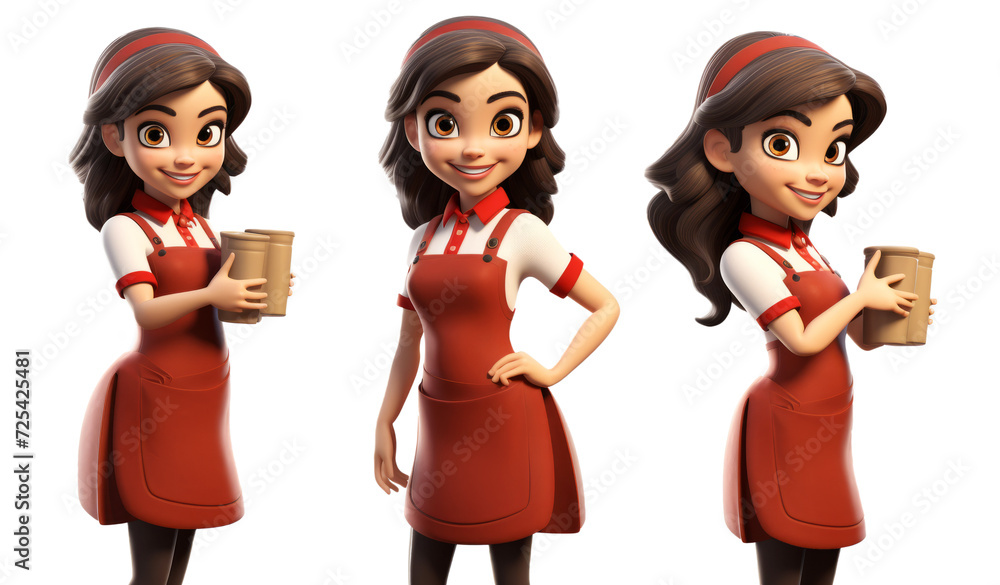 Friendly animated barista in uniform holding coffee cup in various ...