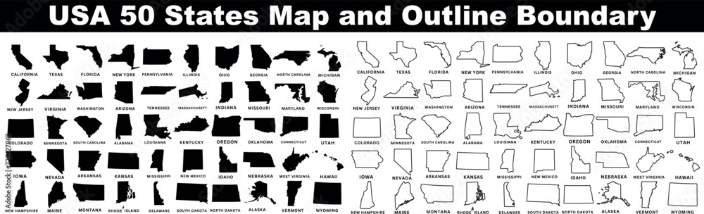 USA 50 States Map, Outline Boundary, educational tool. Clear ...