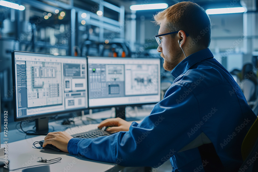 Over the Shoulder Shot of Engineer Working with CAD Software on Desktop ...